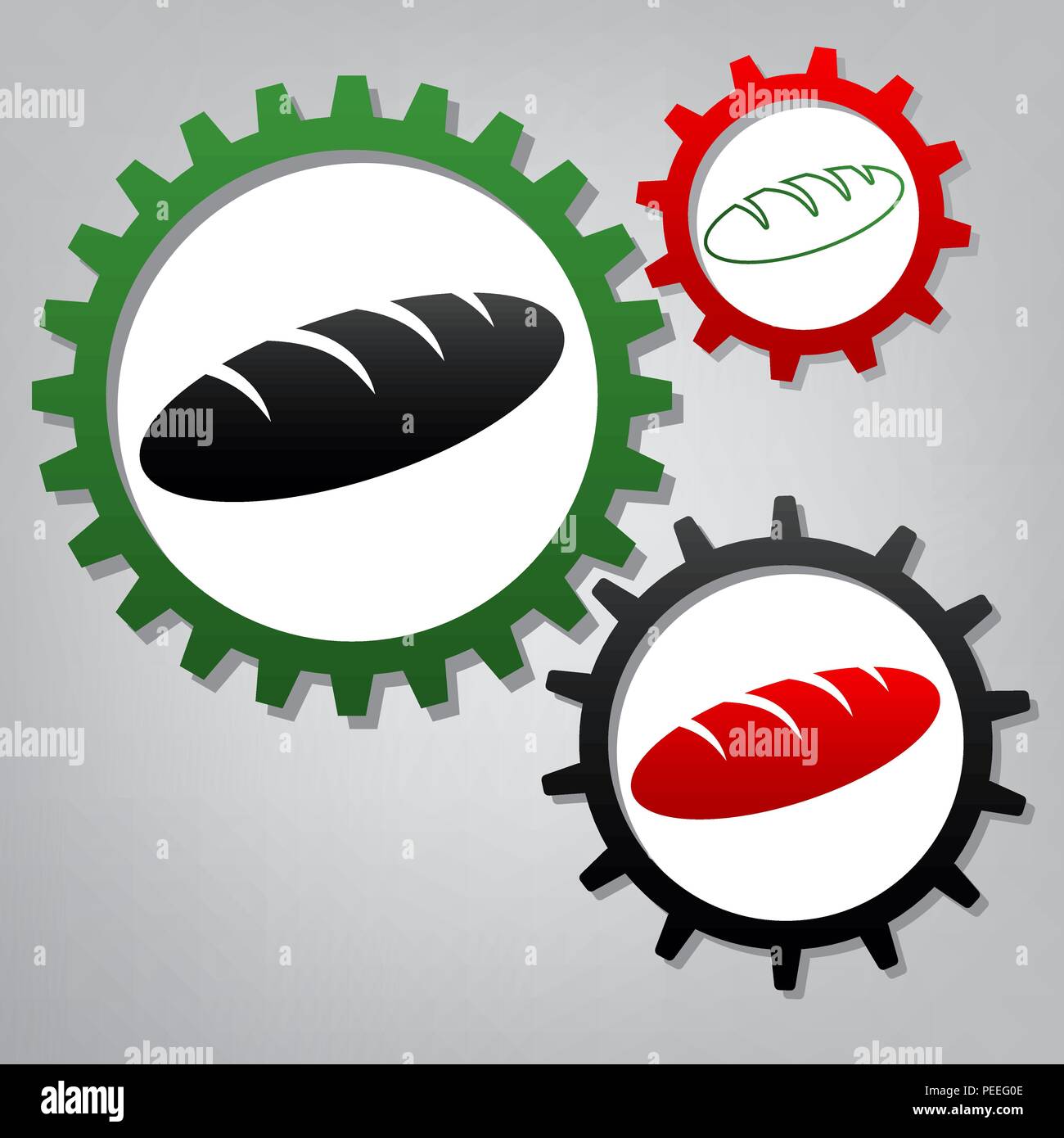 Bread sign. Vector. Three connected gears with icons at grayish ...