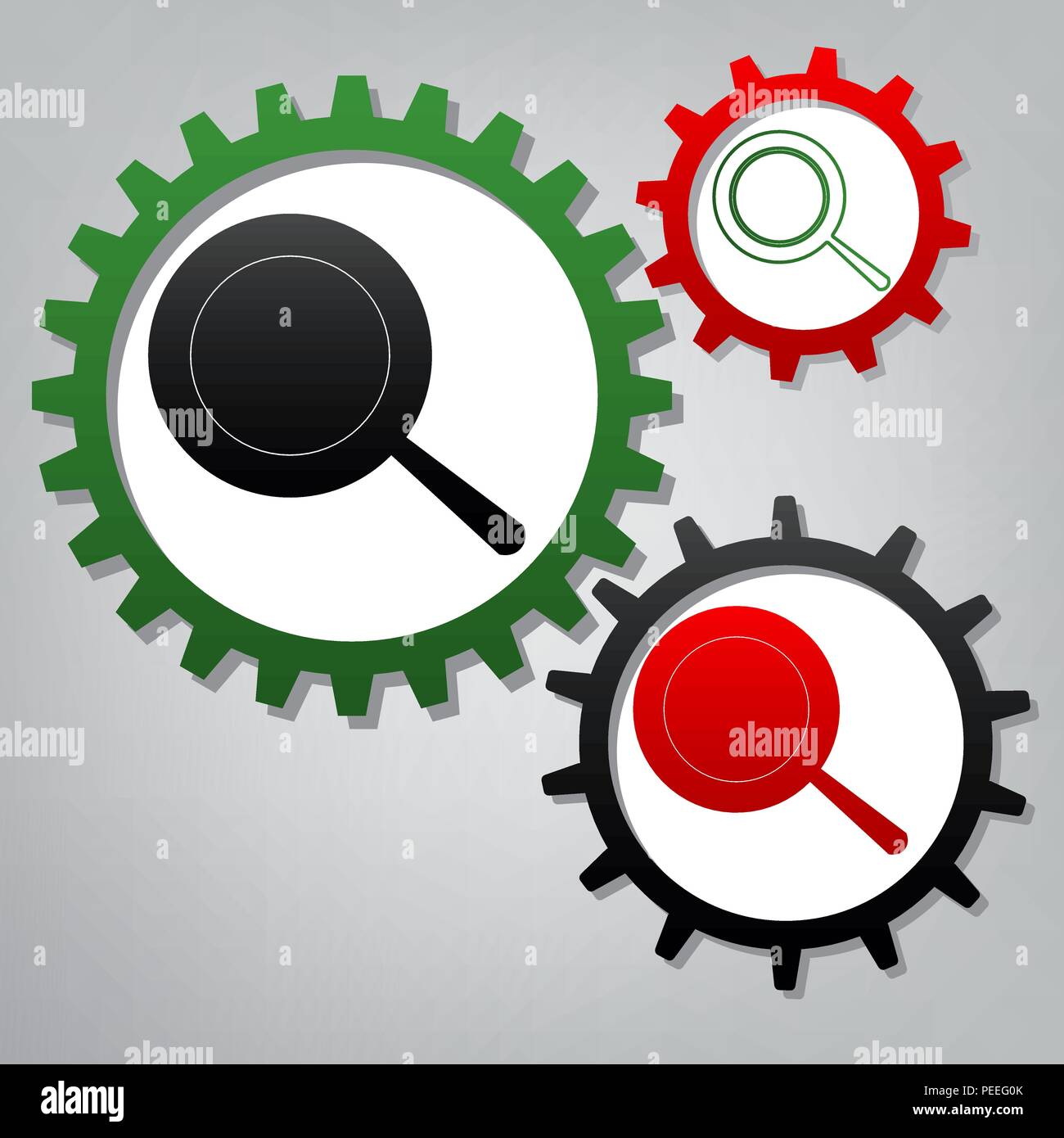 Pan sign. Vector. Three connected gears with icons at grayish ...