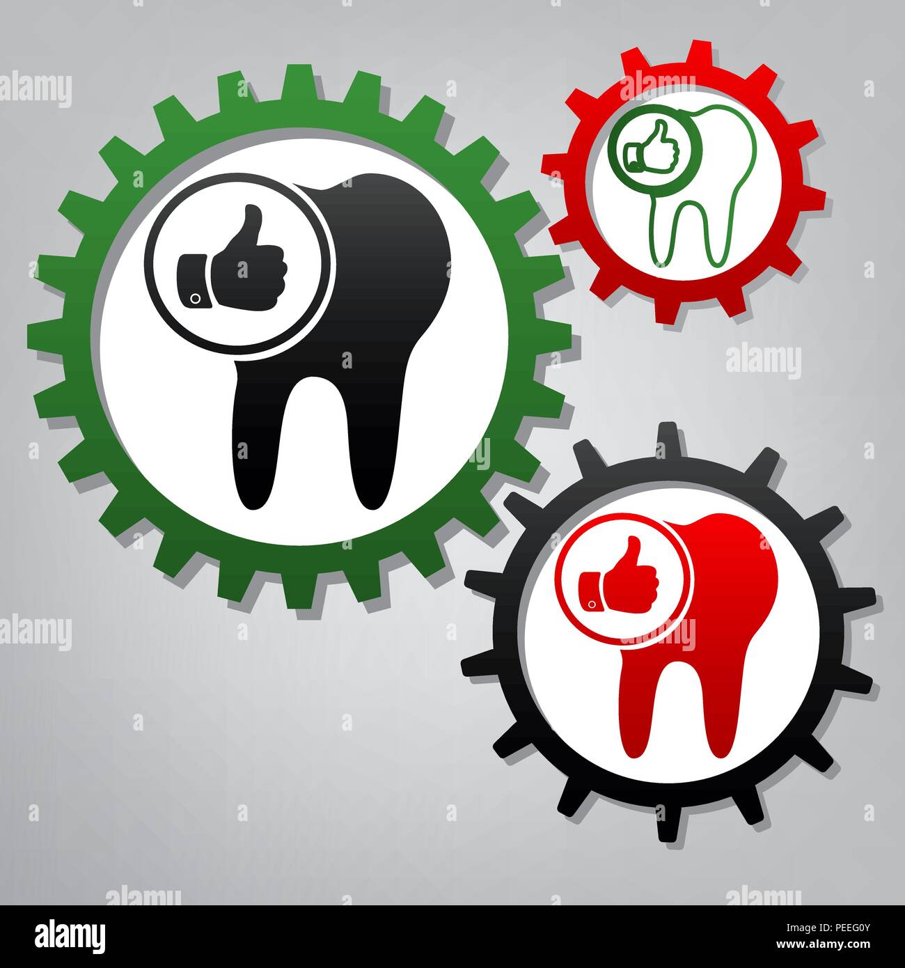 Tooth sign with thumbs up symbol. Vector. Three connected gears with ...