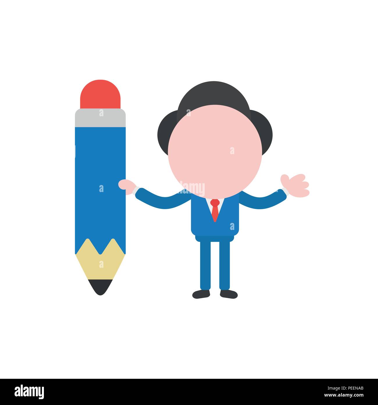 Vector illustration of businessman character holding blue pencil icon ...