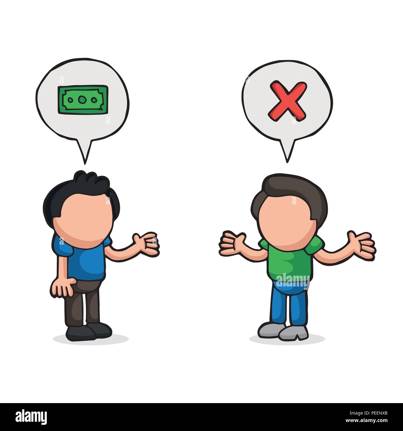 Vector hand-drawn cartoon illustration of man asking another man for ...