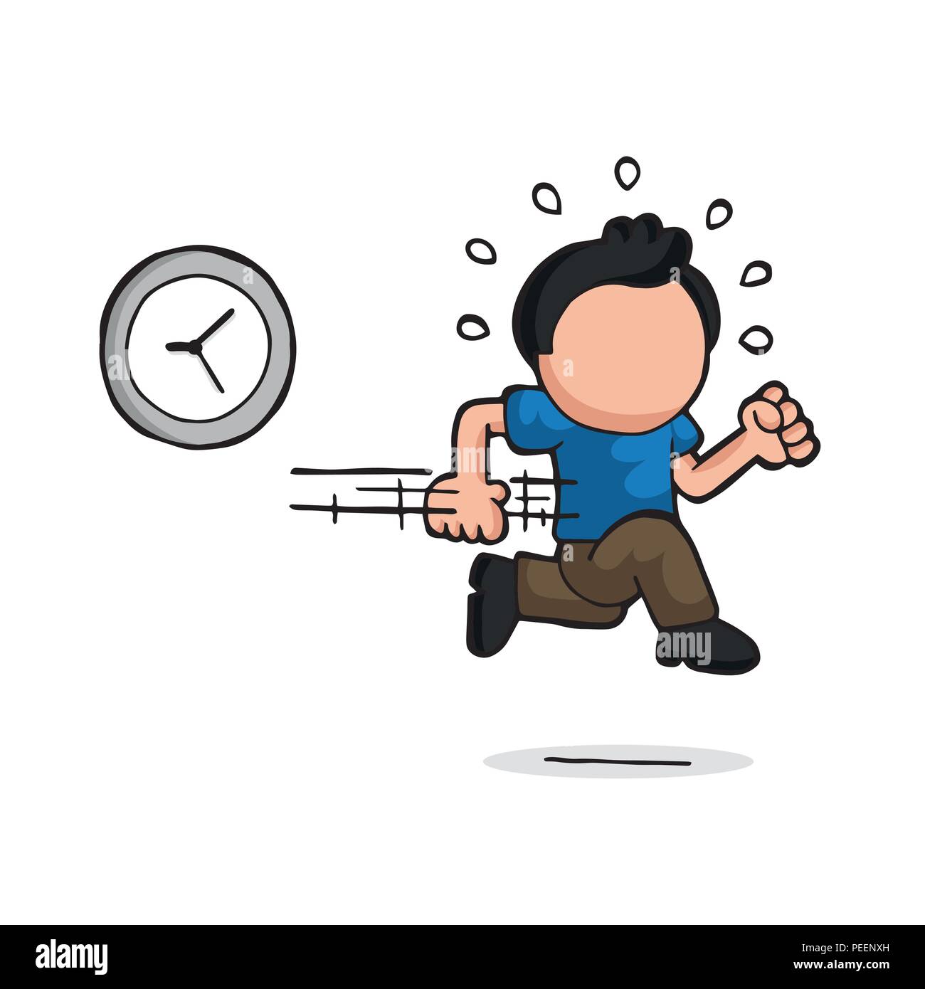 Vector hand-drawn cartoon illustration of man running late with clock ...