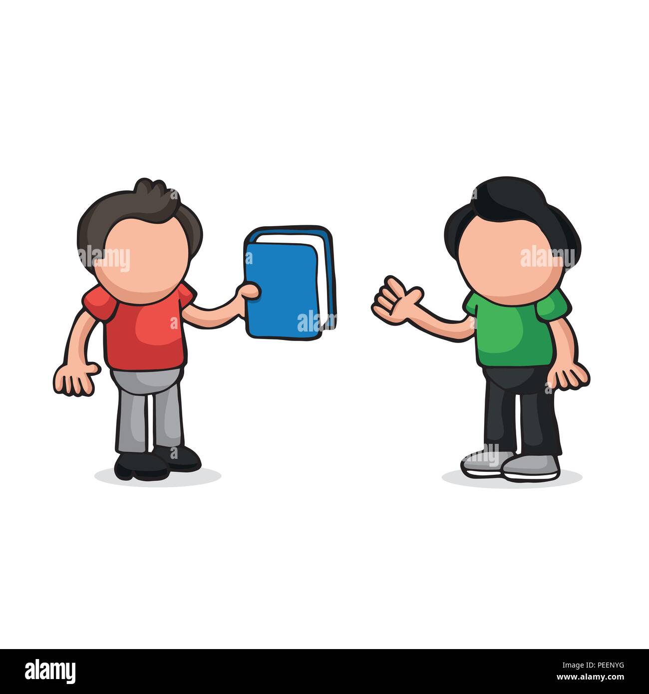 Vector hand-drawn cartoon illustration of man giving book to another ...