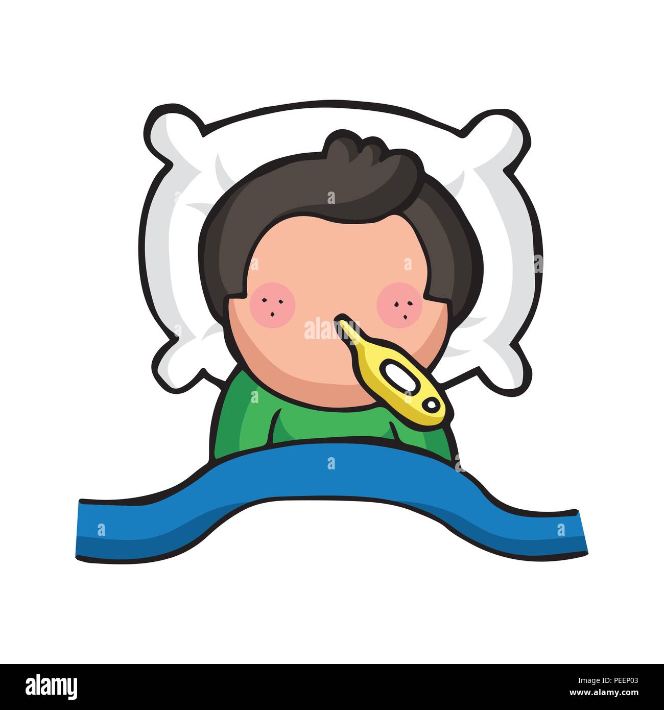 Vector hand-drawn cartoon illustration of man lying in bed sick with ...