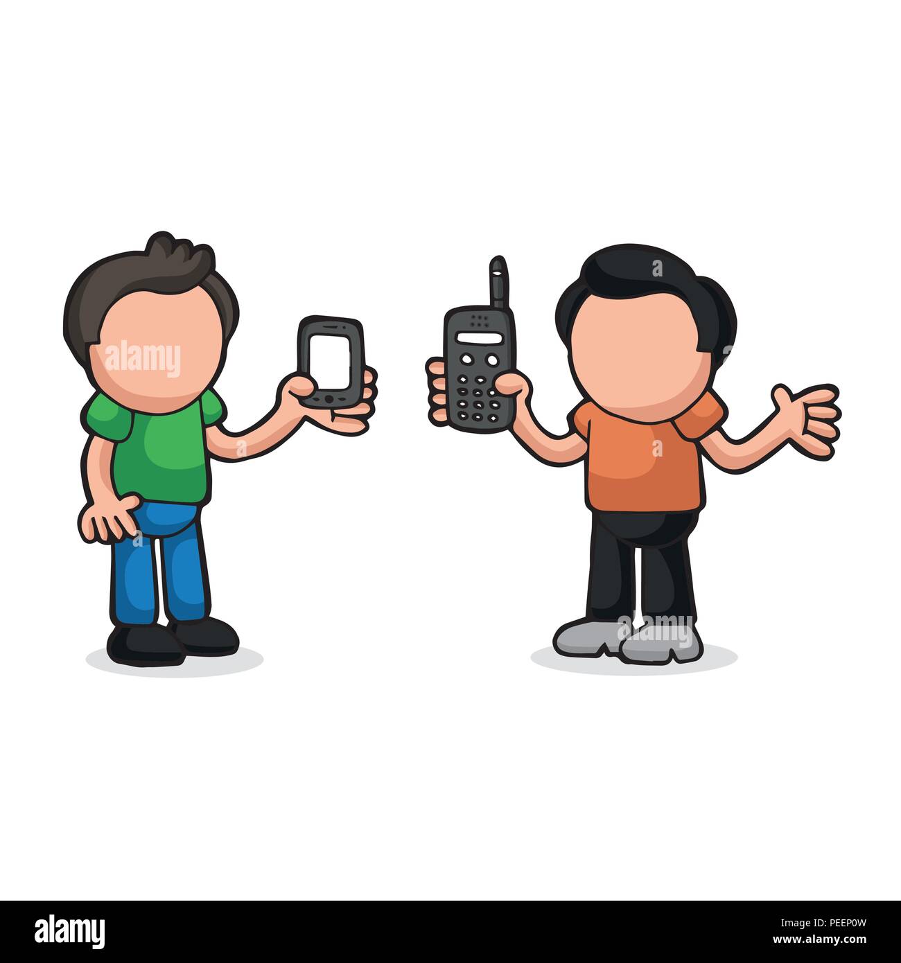 Vector hand-drawn cartoon illustration of two men show their new and ...