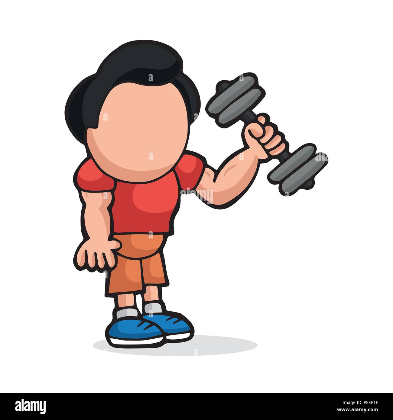 Vector hand-drawn cartoon illustration of man standing lifting dumbbell ...
