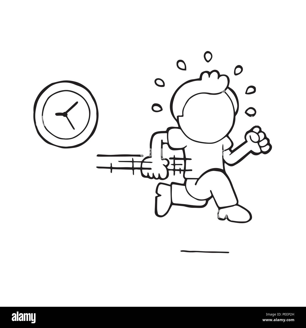 Vector hand-drawn cartoon illustration of man running late with clock ...