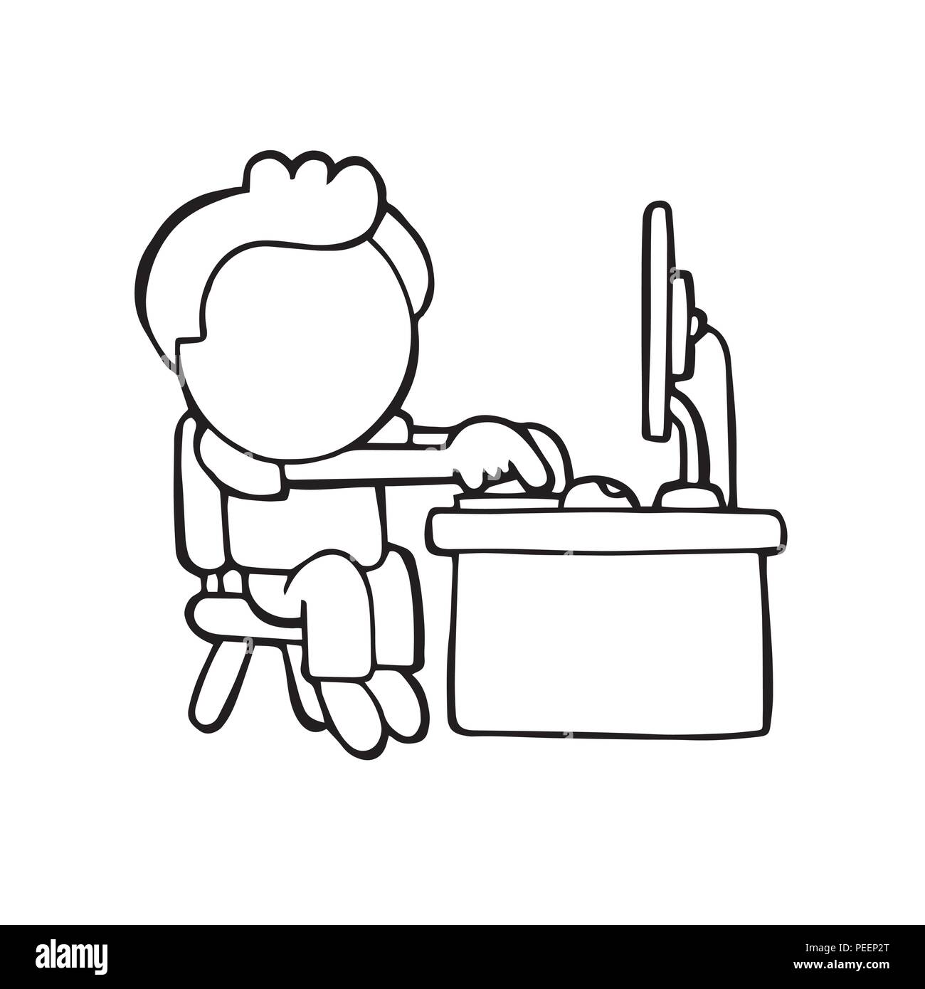 Vector Hand Drawn Cartoon Illustration Of Man Sitting Behind Desk Working On Computer Stock