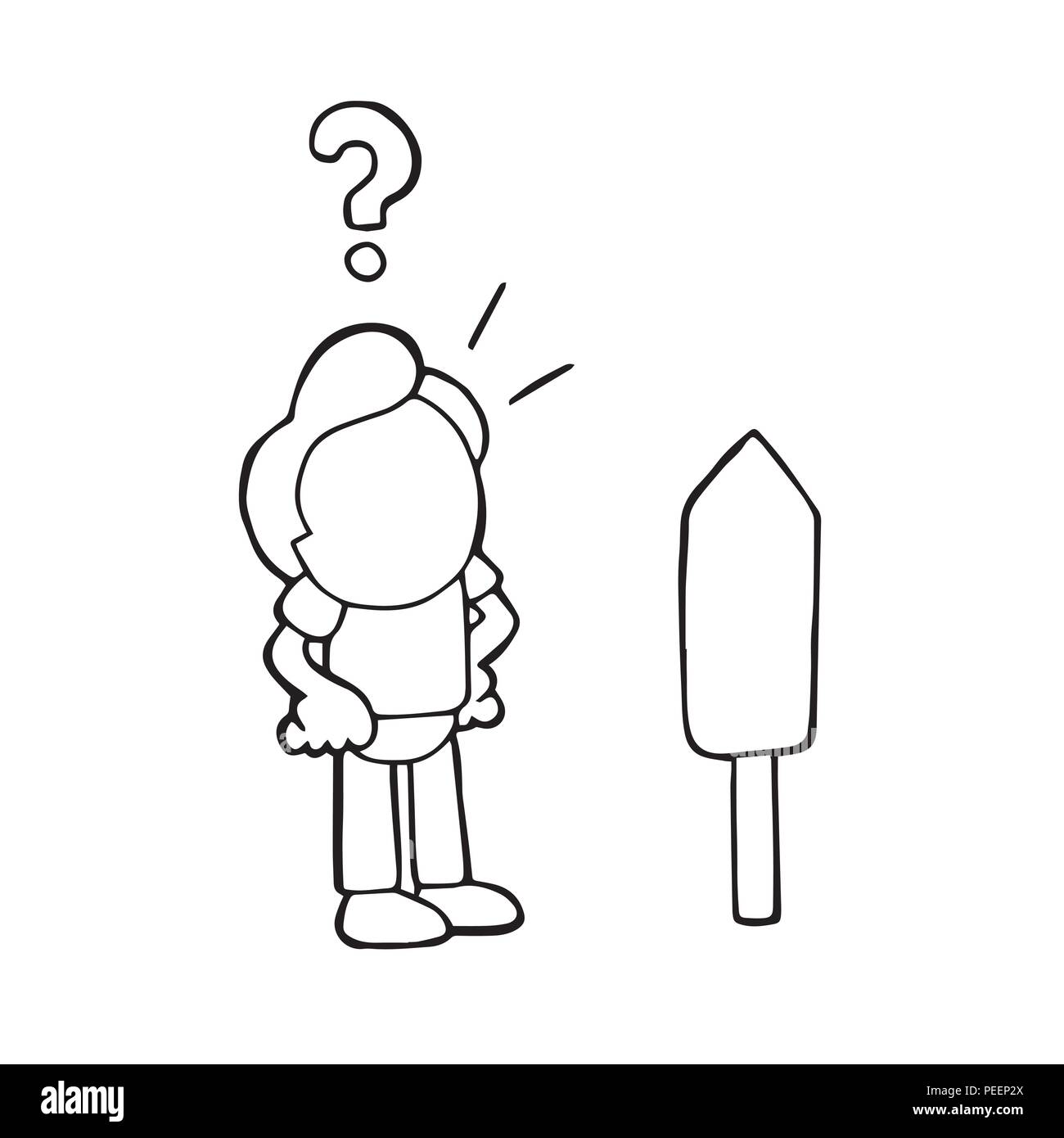 Vector hand-drawn cartoon illustration of confused man standing front ...