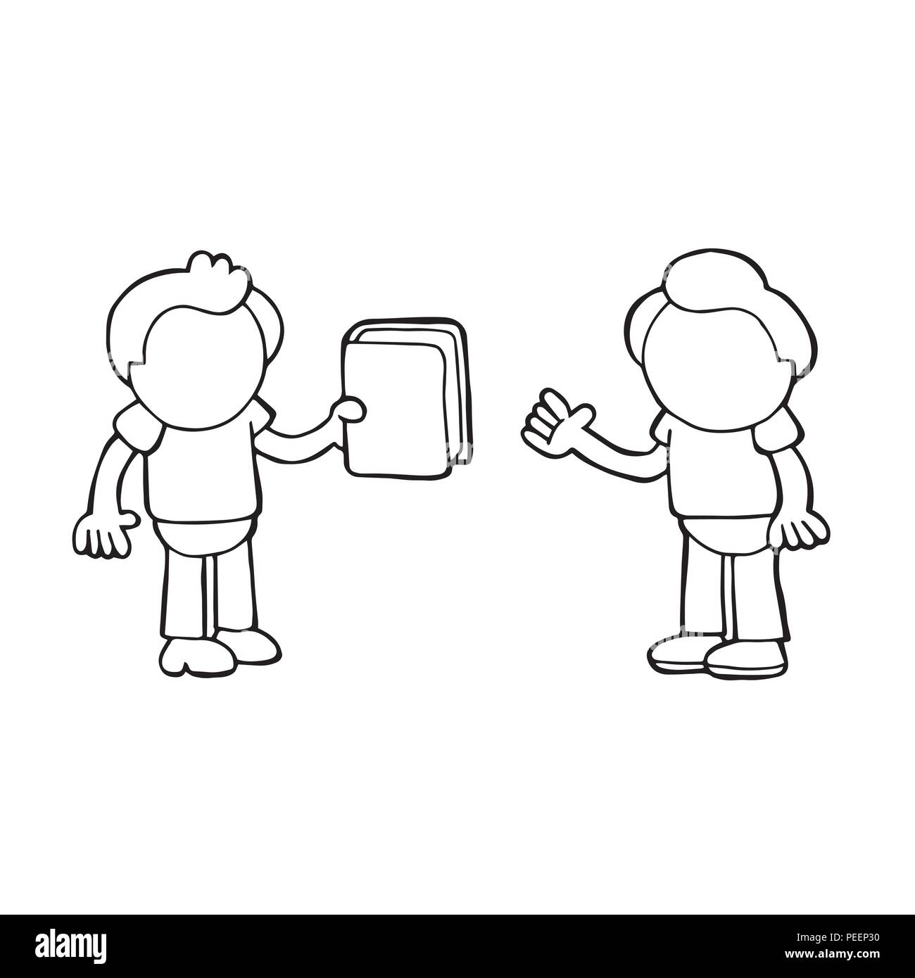 Vector hand-drawn cartoon illustration of man giving book to another ...