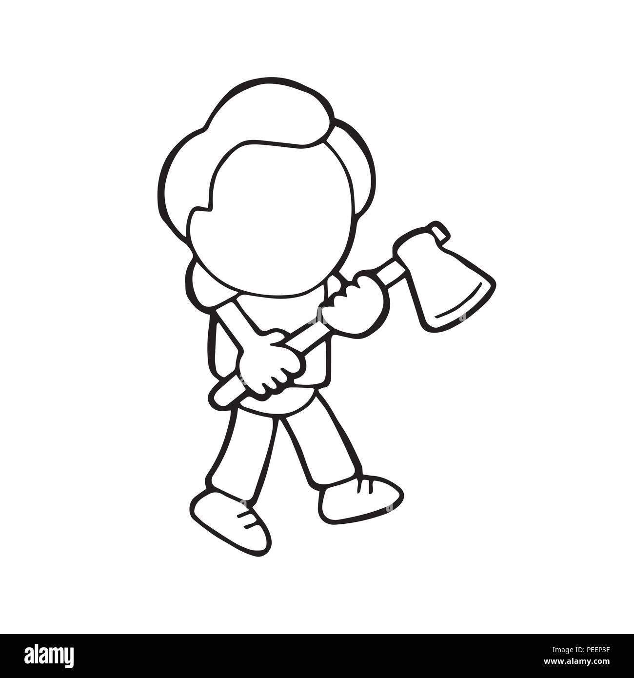 Vector hand-drawn cartoon illustration of lumberjack man holding axe ...
