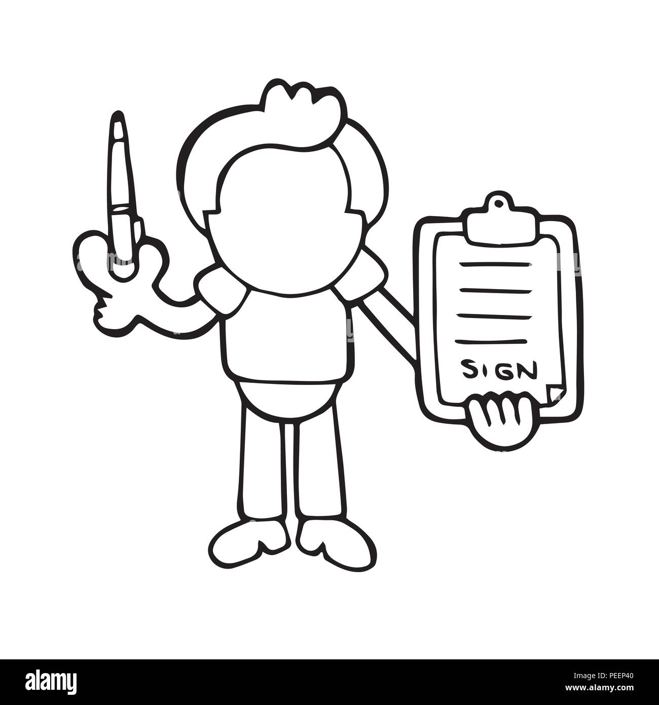 Vector hand-drawn cartoon illustration of man holding pen and clipboard ...