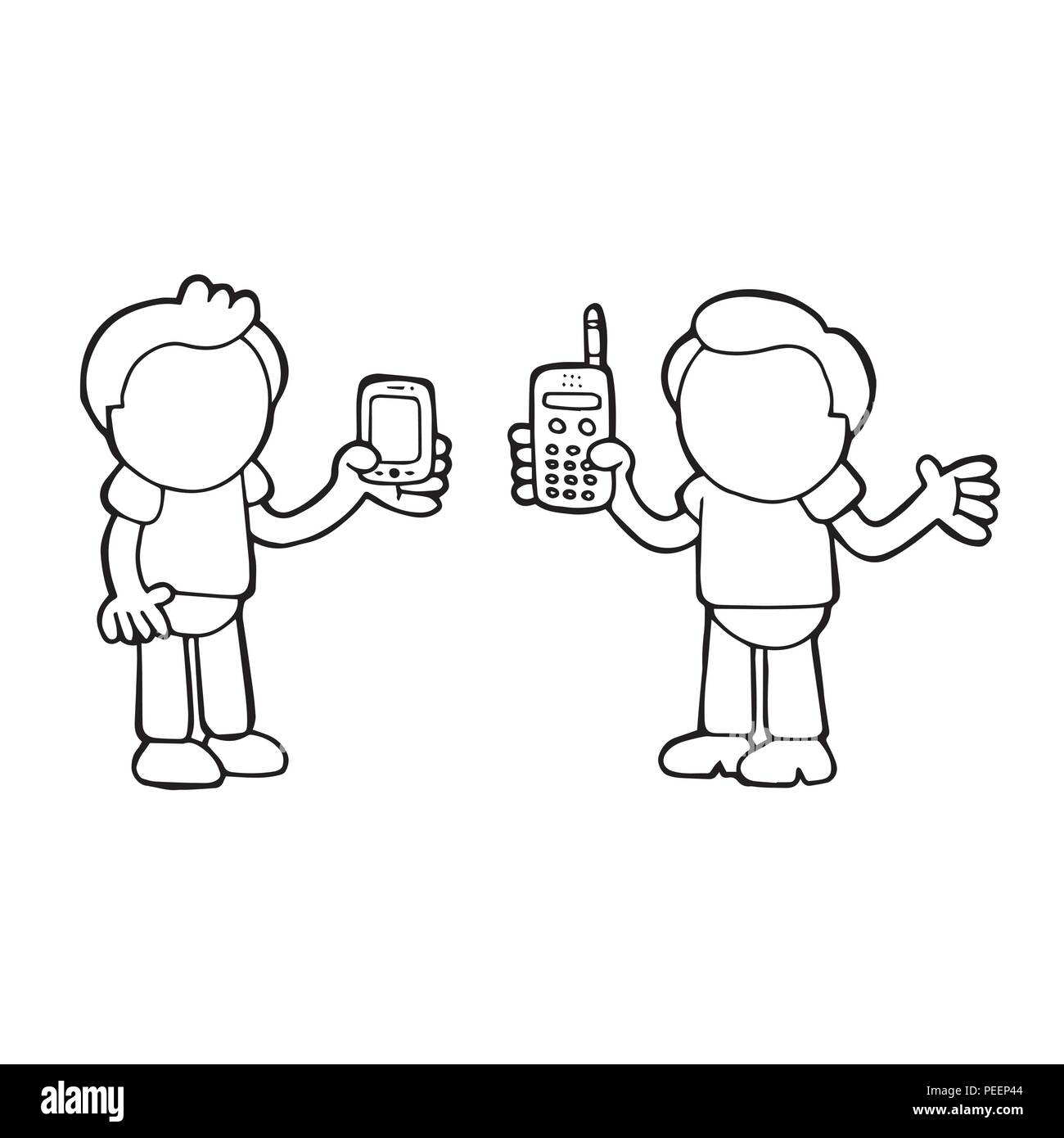 Vector hand-drawn cartoon illustration of two men show their new and ...