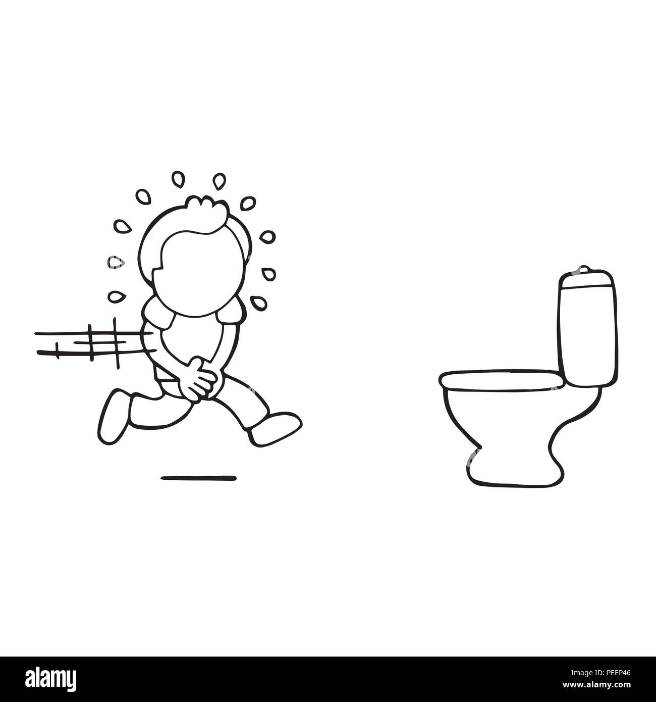 Vector hand-drawn cartoon illustration of man running to pee on toilet ...