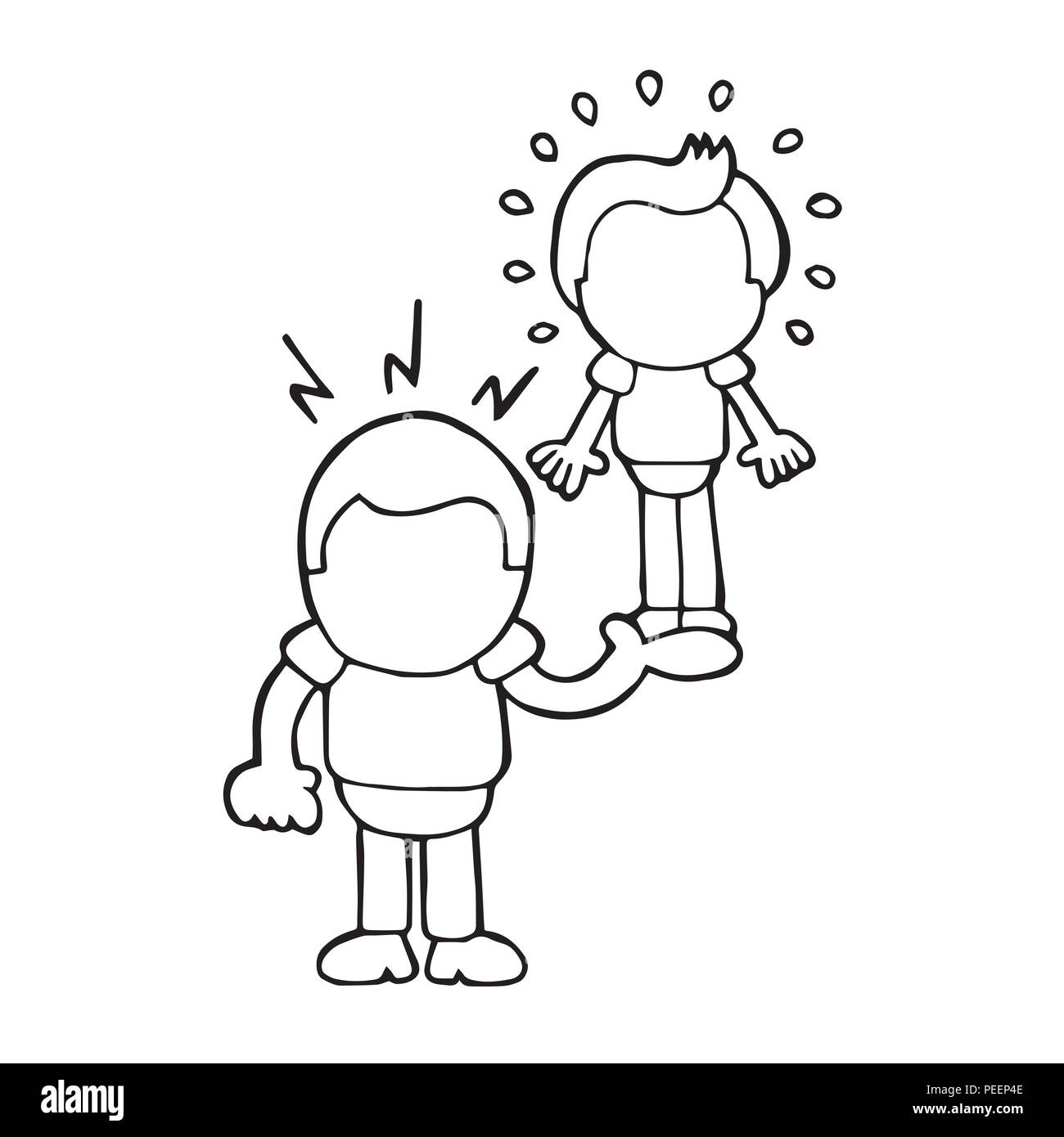 Vector hand-drawn cartoon illustration of muscleman lifting puny guy ...