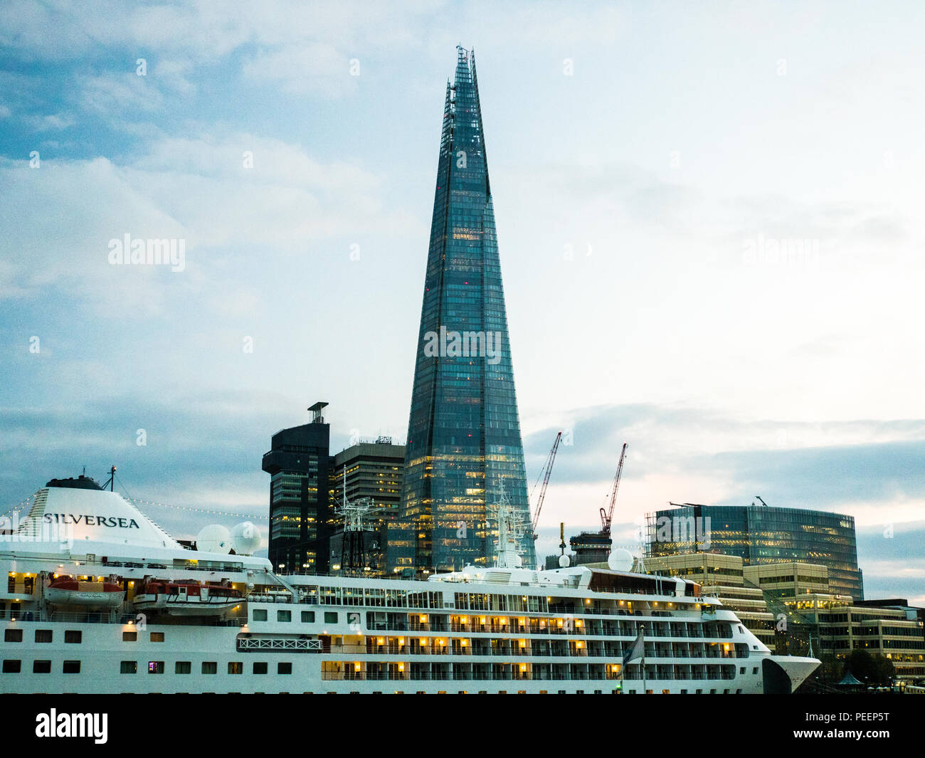Cruise Ship on the River Thames with The Shard (of Glass) skyscraper in ...
