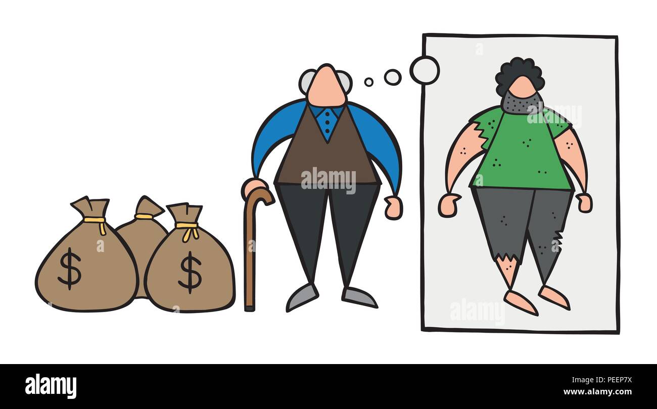 Vector illustration cartoon rich old man with dollar money sacks but ...