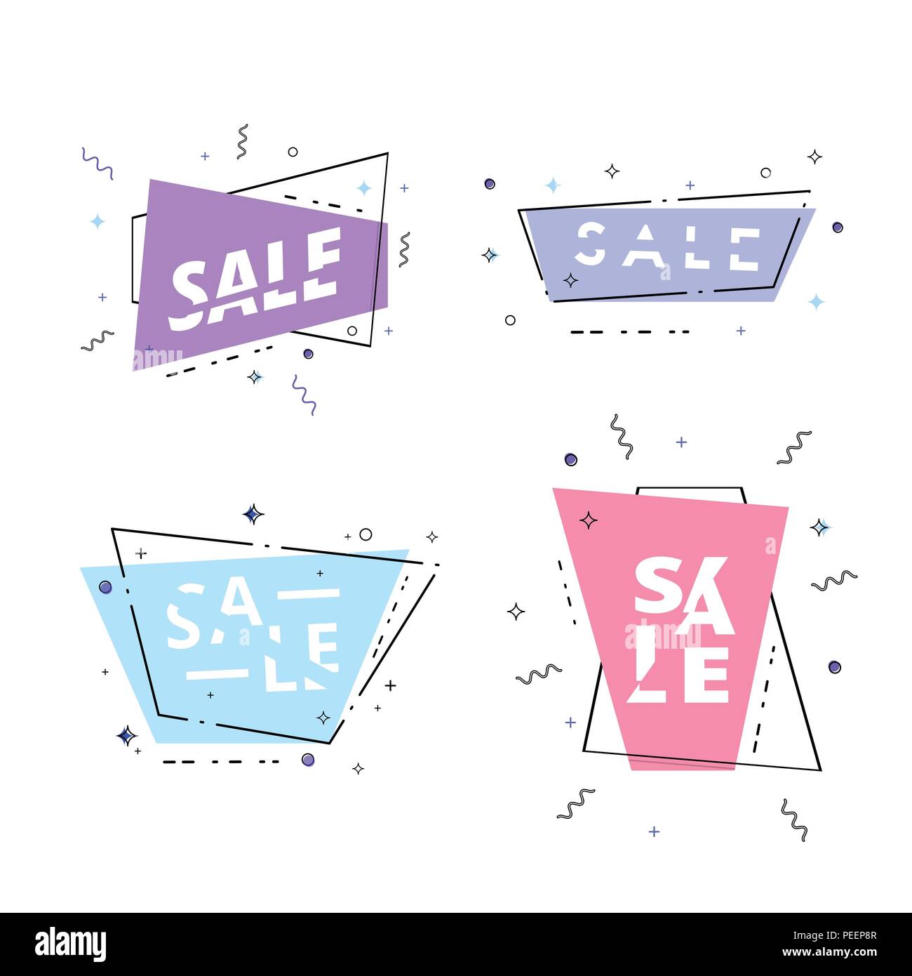 Sale lettering on geometric banners with random decorative shapes ...