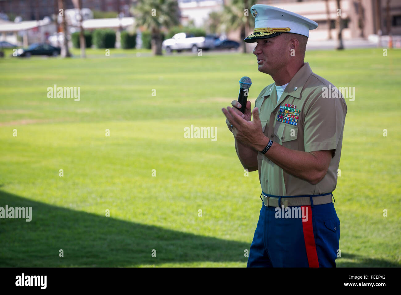 Lt. Col. Lee M. Rush, commanding officer, 1st Tank Battalion, speaks ...