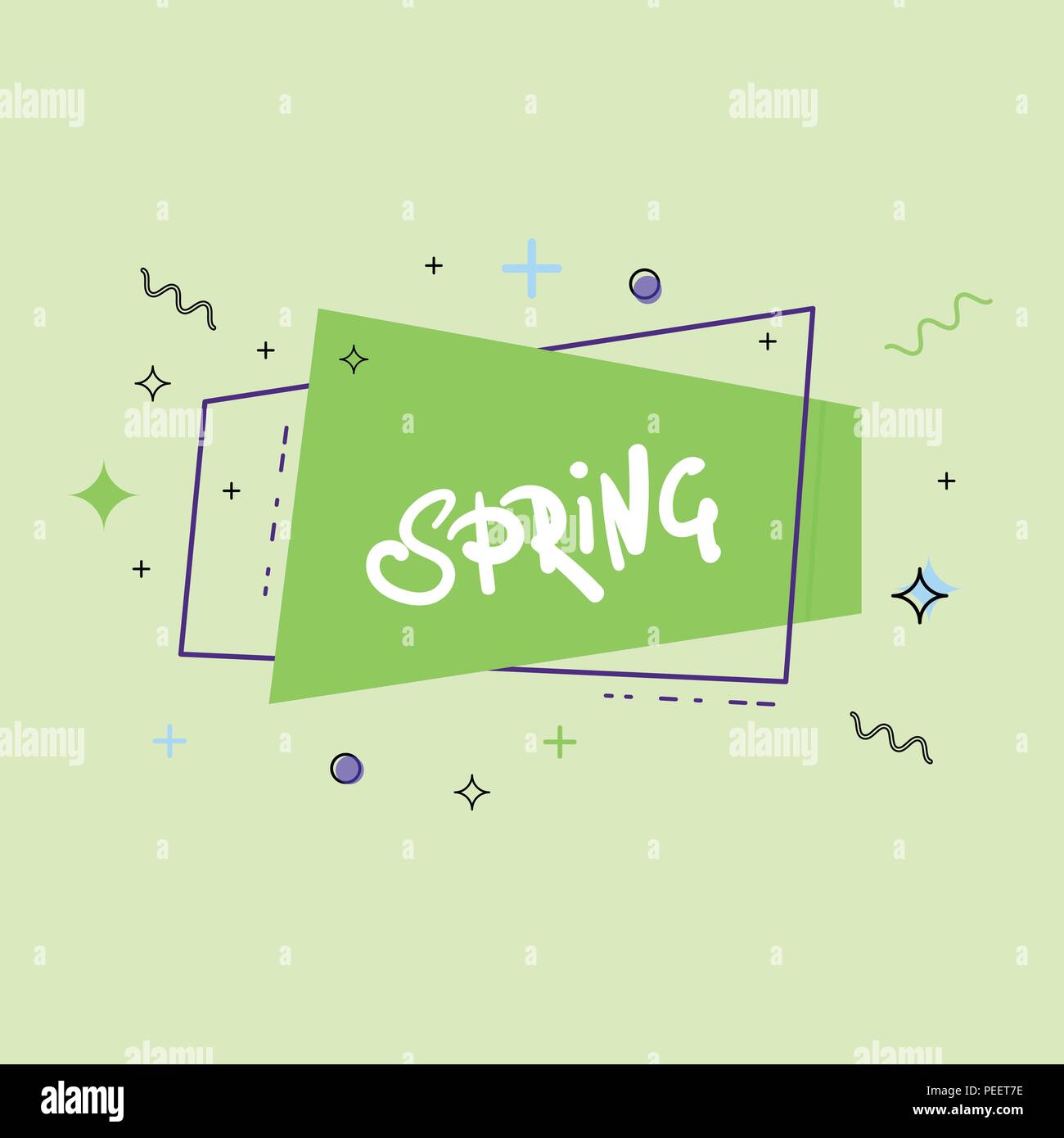 Spring handwritten lettering on linear banner with frame and geometric ...