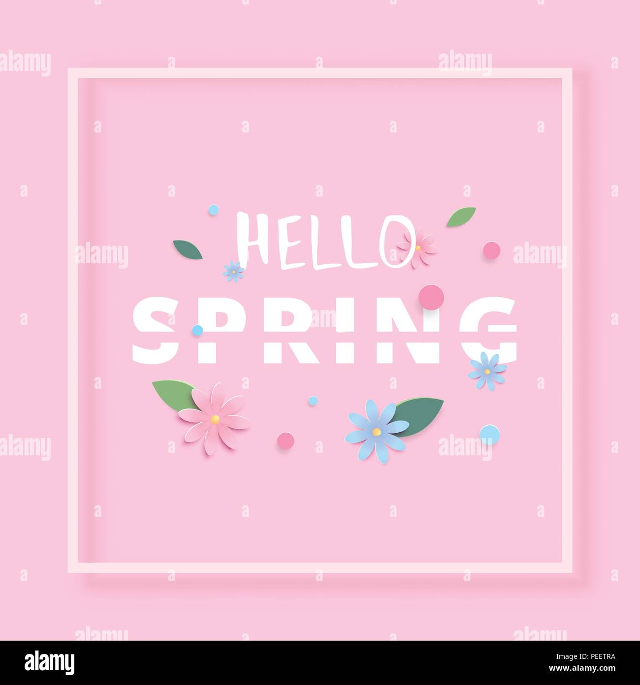 Hello Spring banner with flowers and frame. Sliced text effect. Element ...