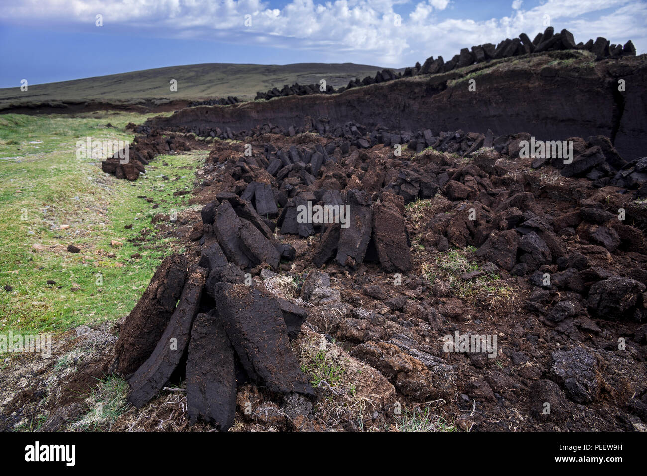 Peat extraction in bog / moorland showing piles of harvested peat ...