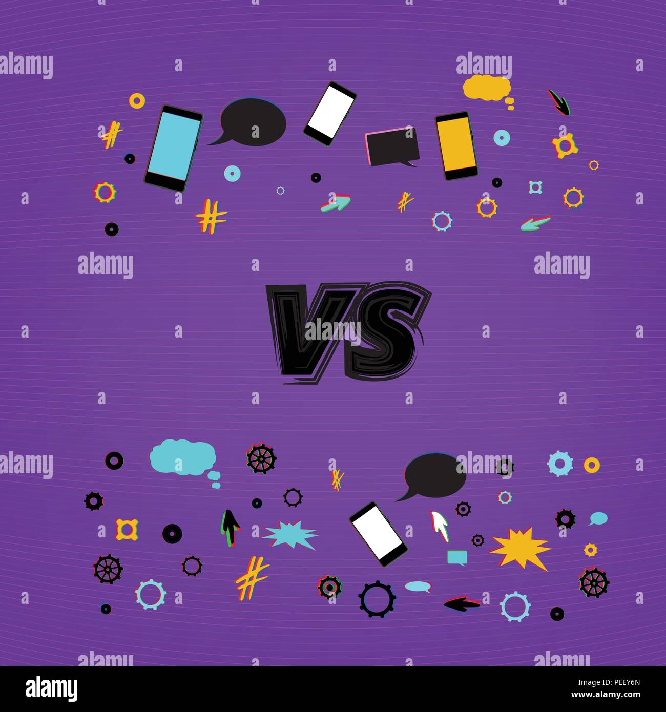 Versus sign on violet background with random glitch items. VS screen ...