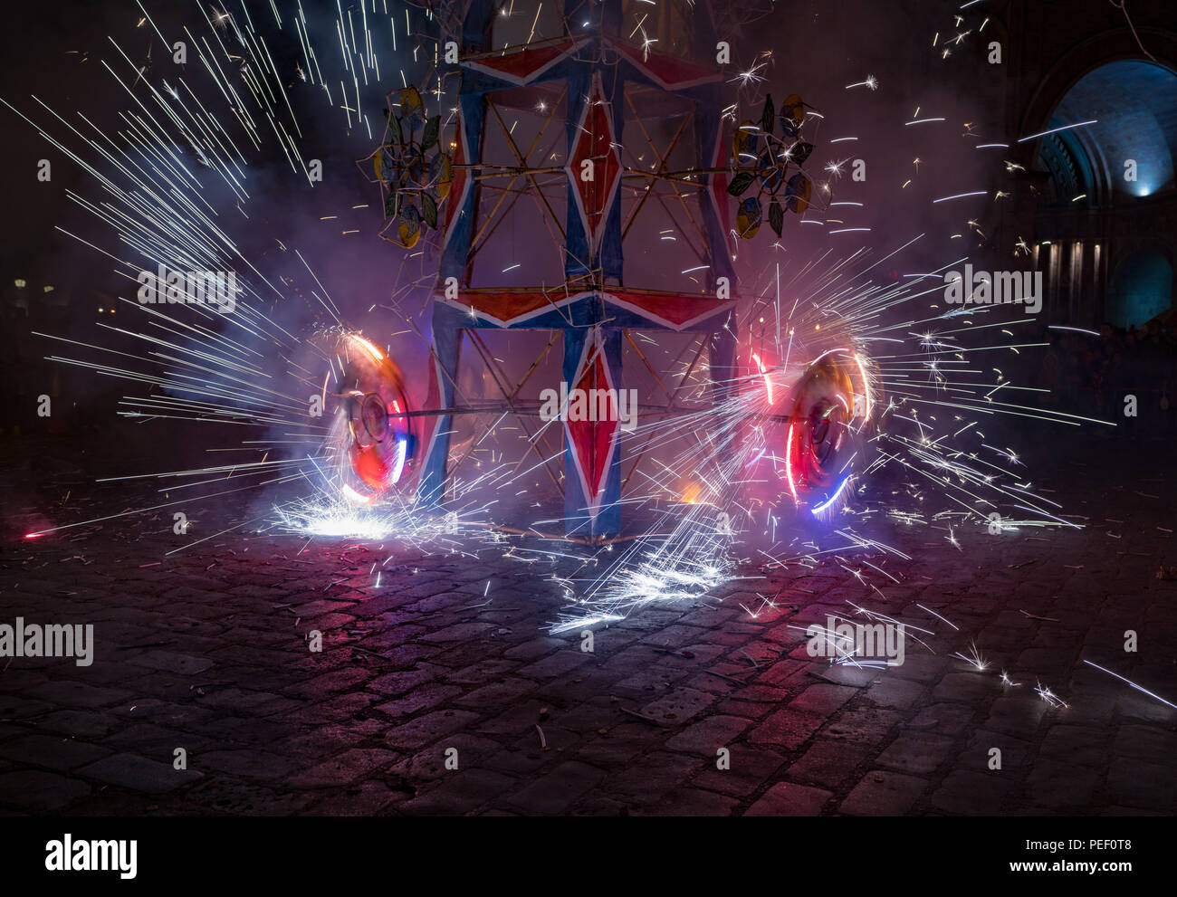 Cuenca, Ecuador / June 1, 2018: Close-up of the pinwheel fireworks ...