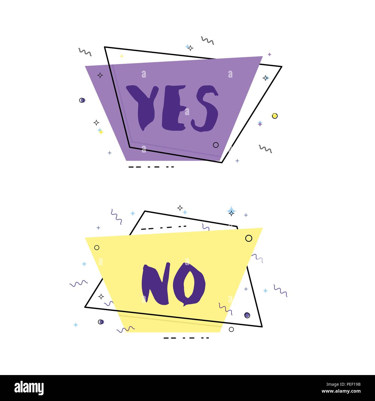 Yes and No handwritten lettering on geometric vivid banners. Memphis ...