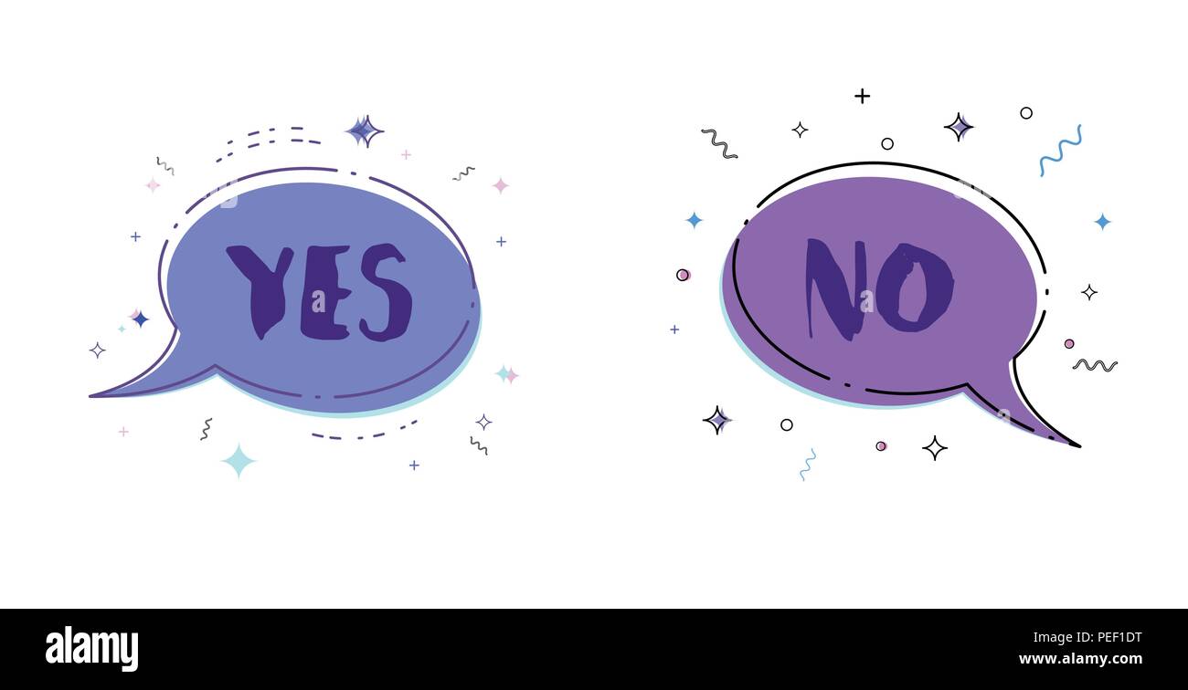 Yes and No check marks on speech bubbles with geometric shapes. Memphis ...