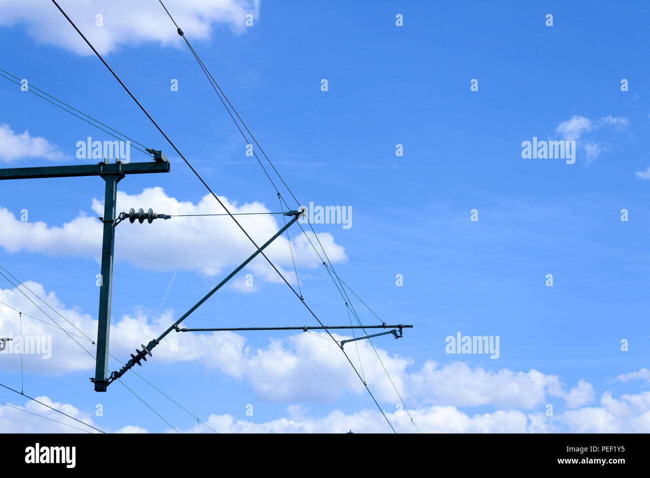 Electric train lines railway electrification overhead system with wires ...