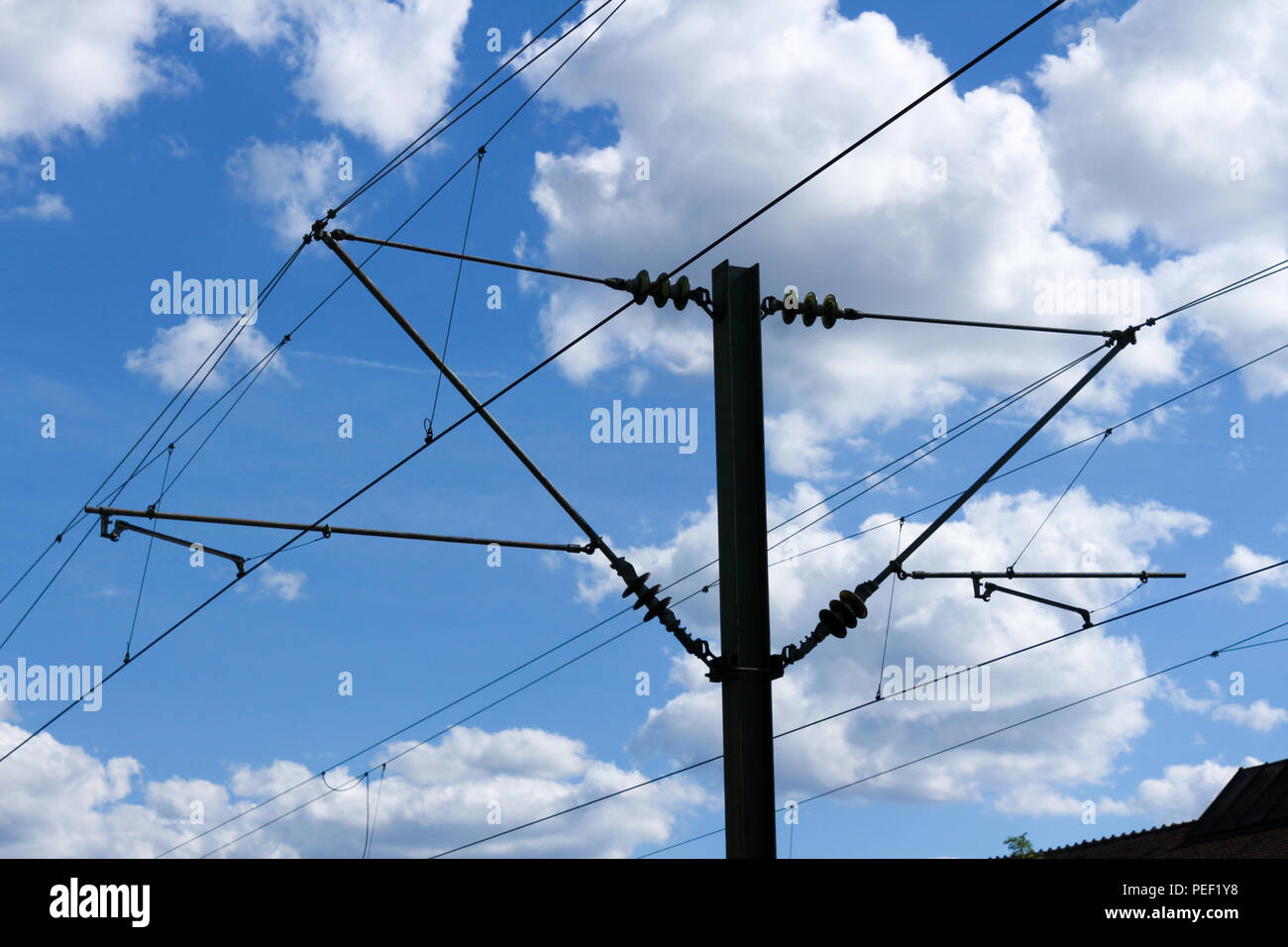 Electric train lines railway electrification overhead system with wires ...