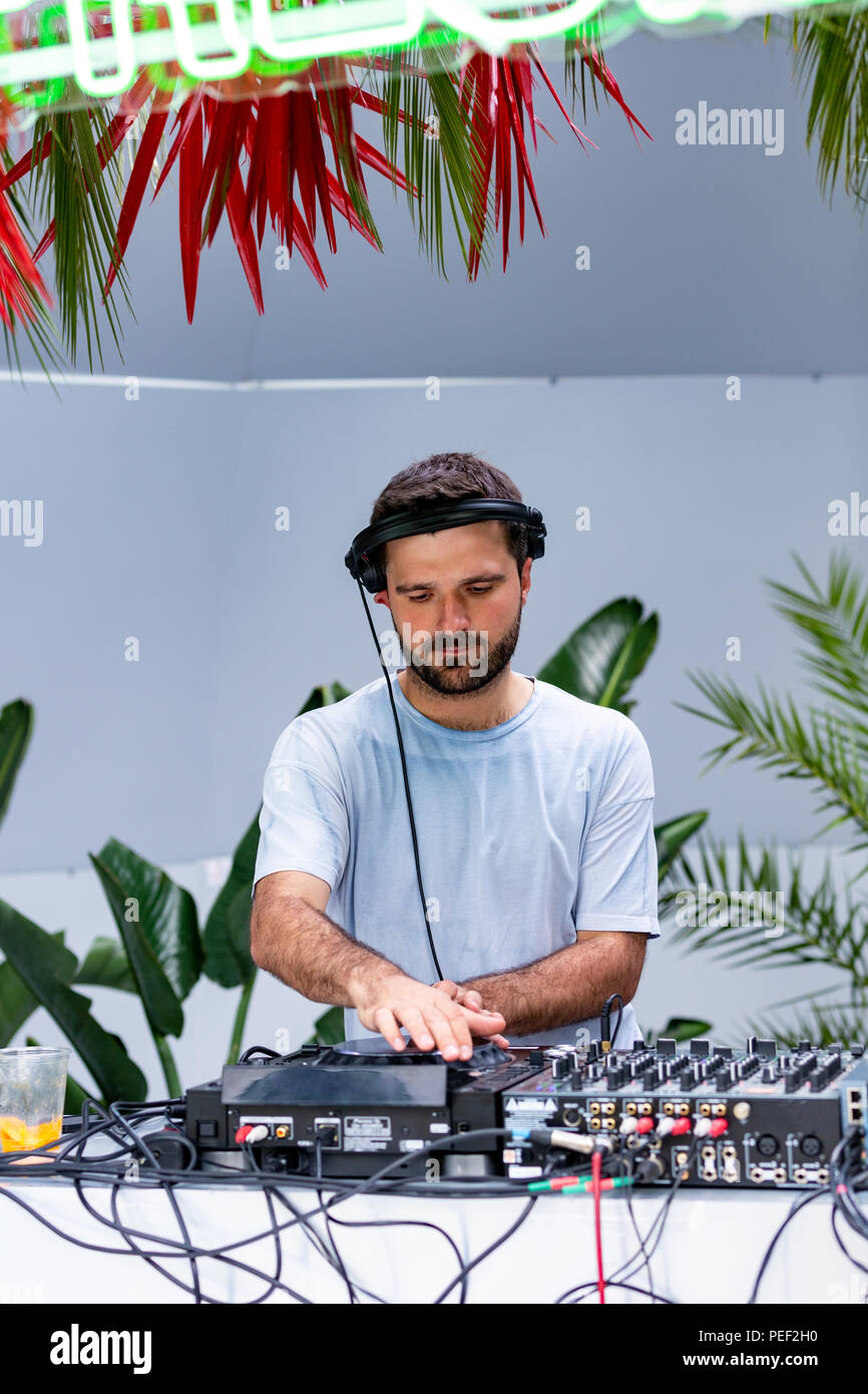 Photo of adult dj working with his equipment surrounded by palm leaves ...