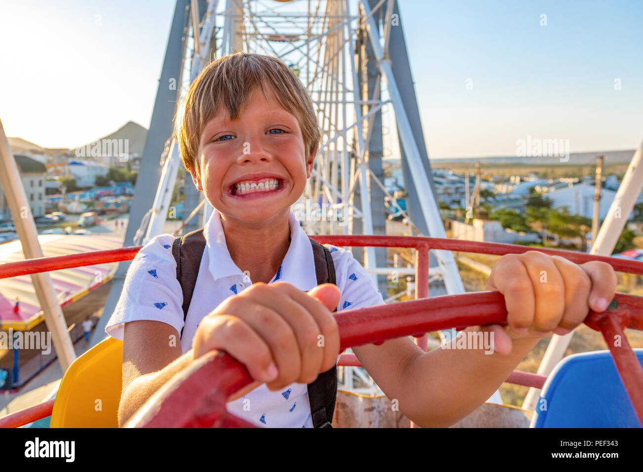 Happy excited boy enjoying the view from ferris wheel in amusement park ...