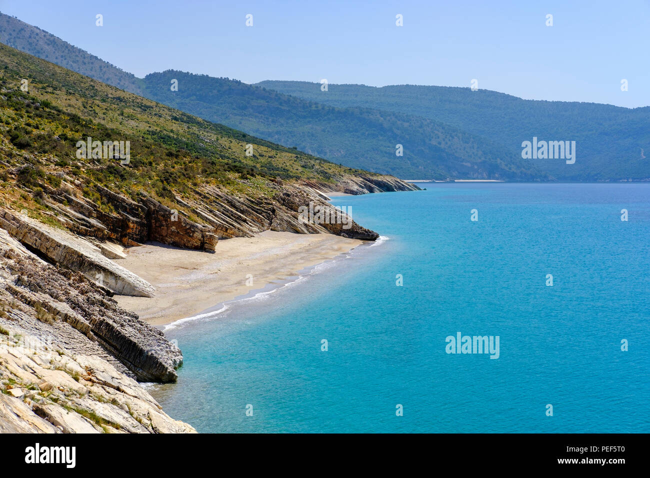 Small sandy beach, coast south of Lukova, Albanian Riviera, Qark Vlora ...