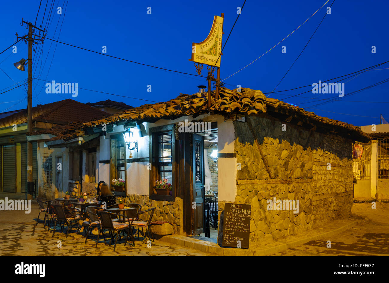 Café in old town, dusk, Elbasan, Albania Stock Photo - Alamy