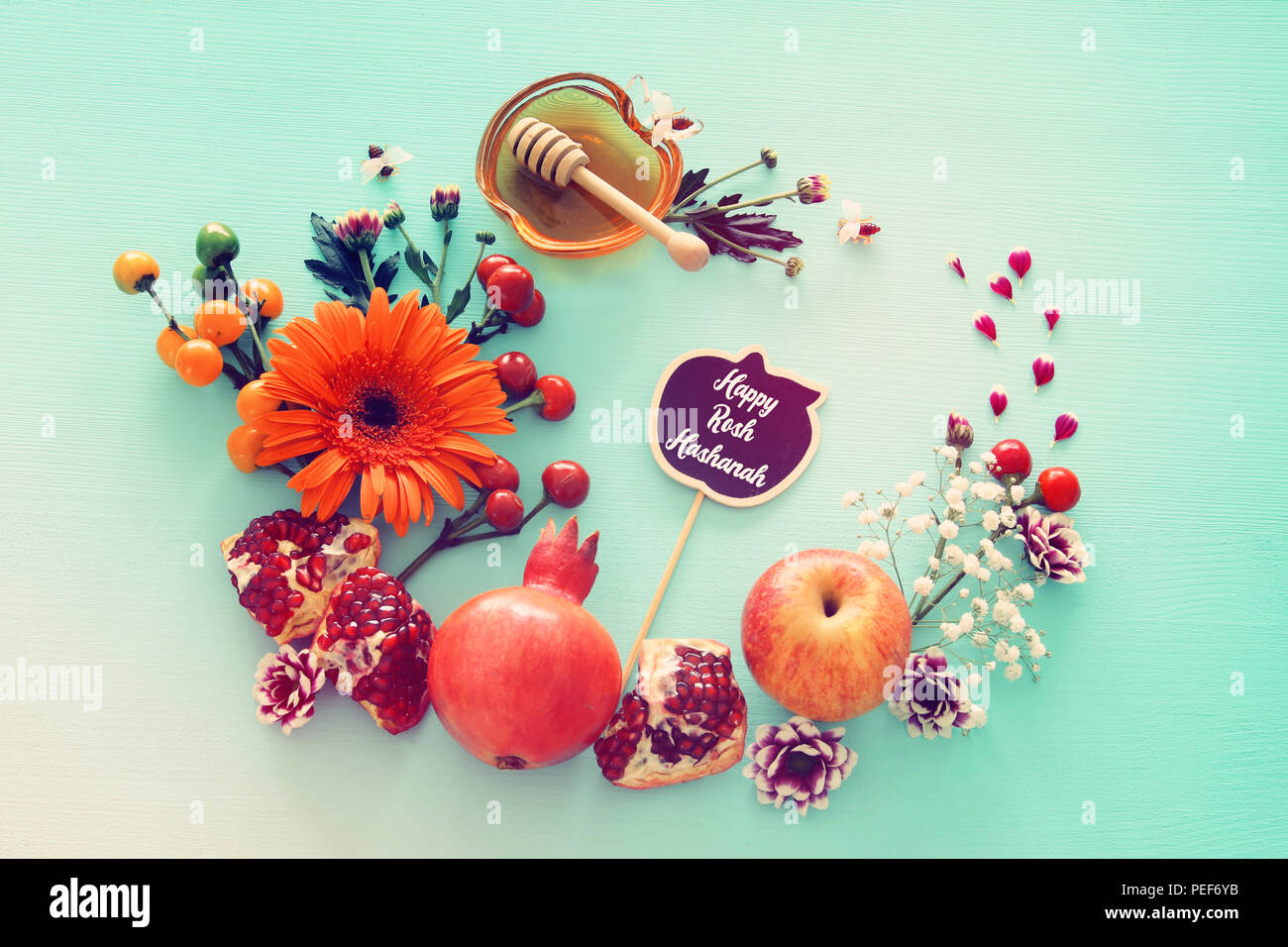 Rosh hashanah (jewish New Year holiday) concept. Traditional symbols ...
