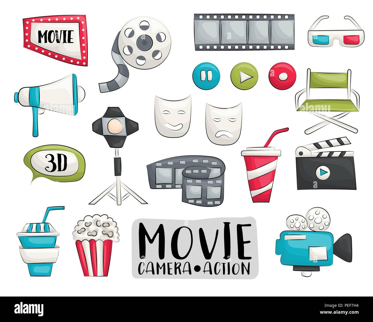 Movie cinema icons set. Colorful hand drawn doodle objects. Vector ...
