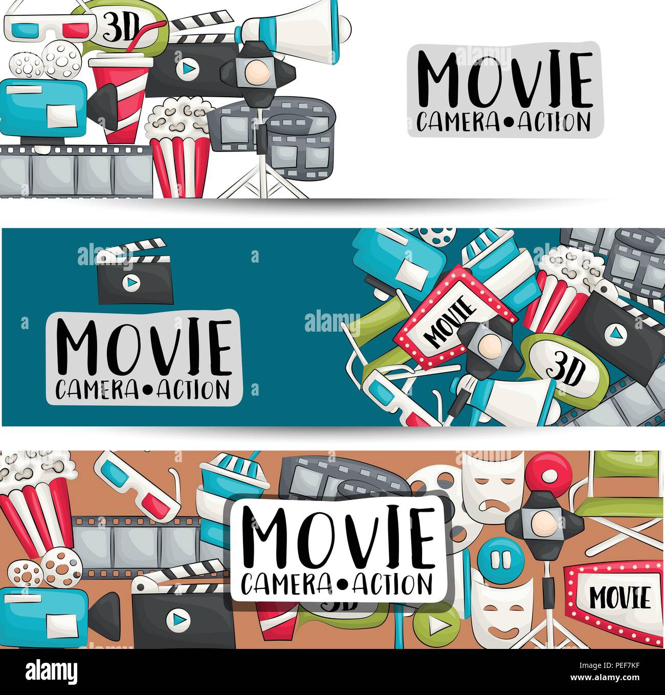 Movie cinema theme. Horizontal banner template set. Modern hand drawn ...
