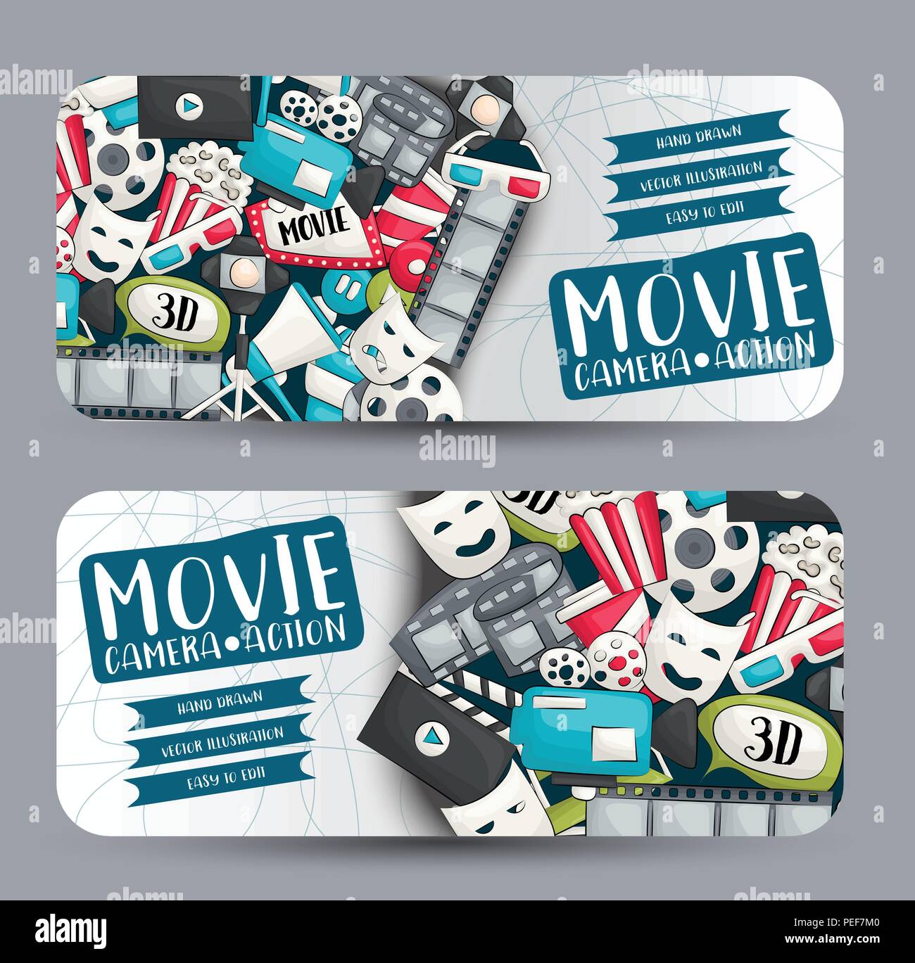 Movie cinema theme. Horizontal banner template set. Modern hand drawn ...