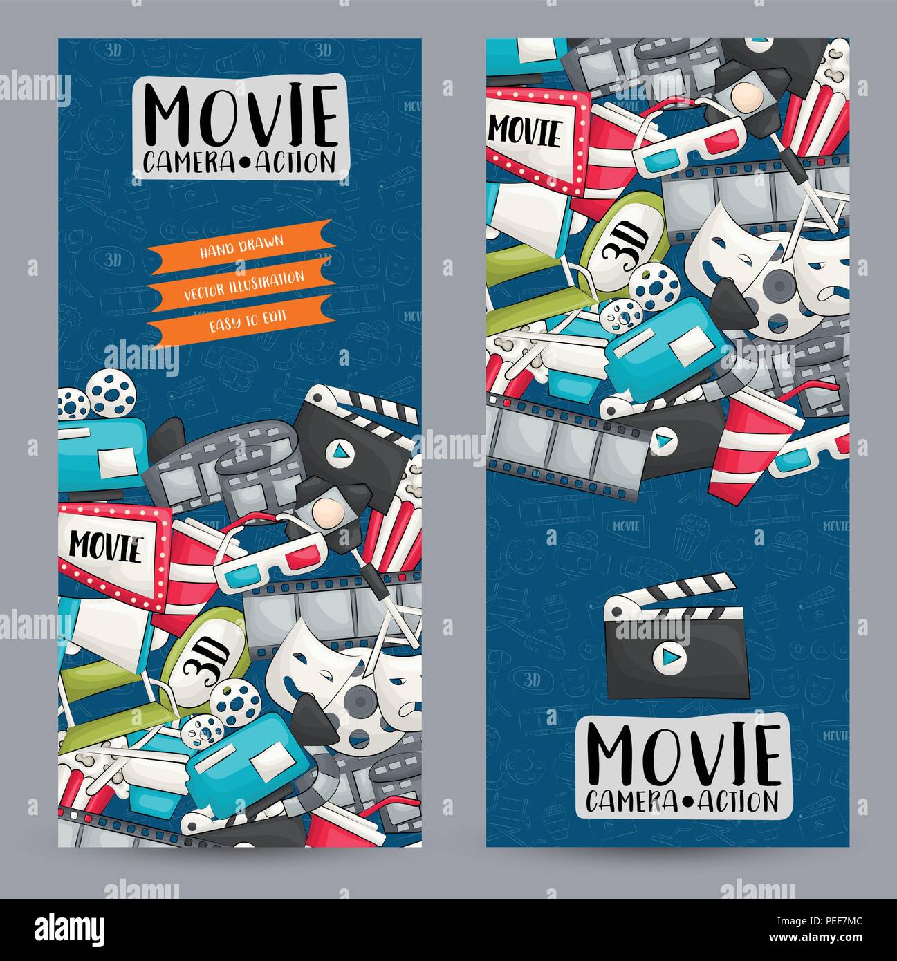 Movie cinema theme. Vertical banner template set. Modern hand drawn ...