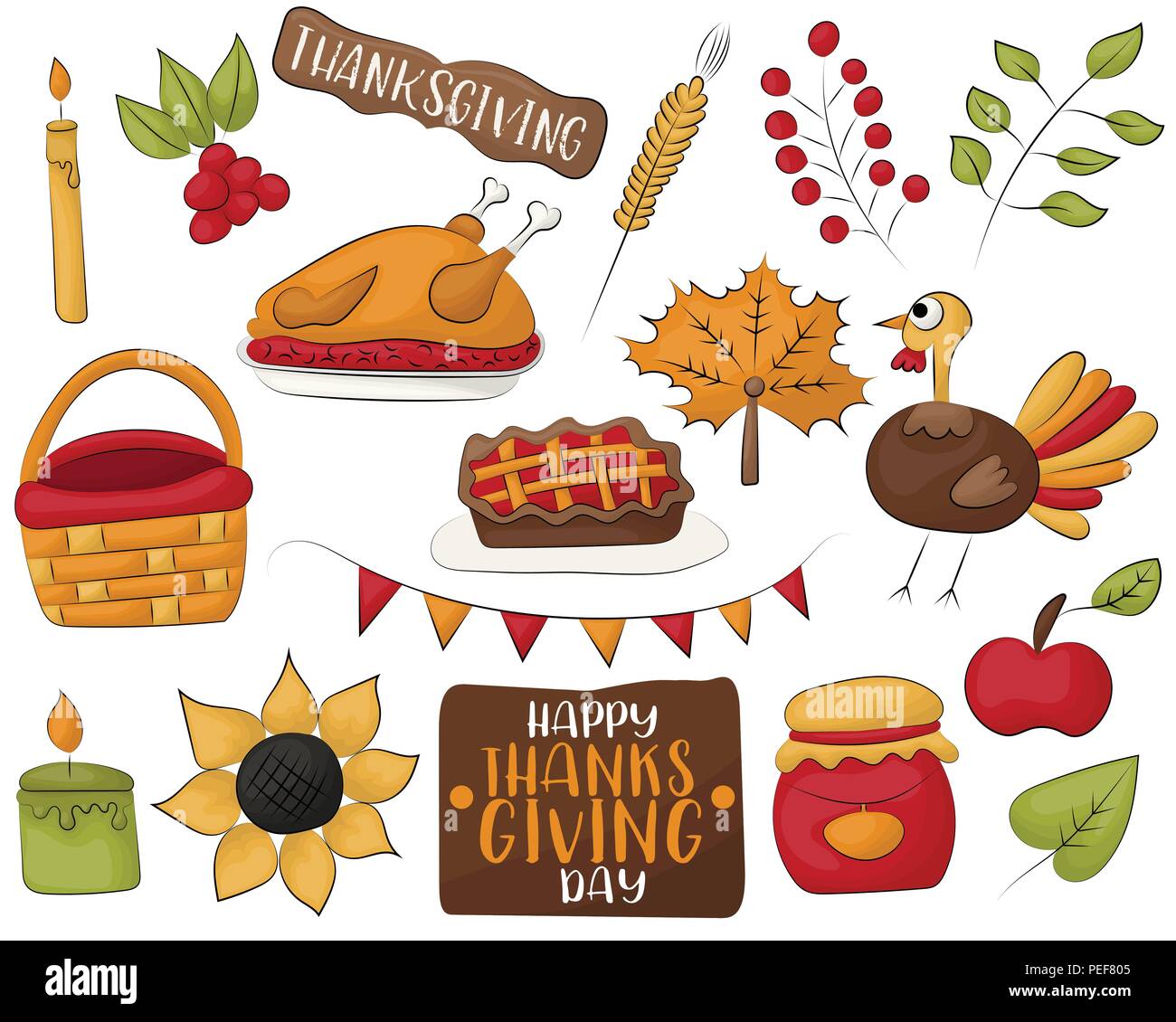 Happy Thanksgiving day cartoon icons and objects set. Hand drawn vector ...