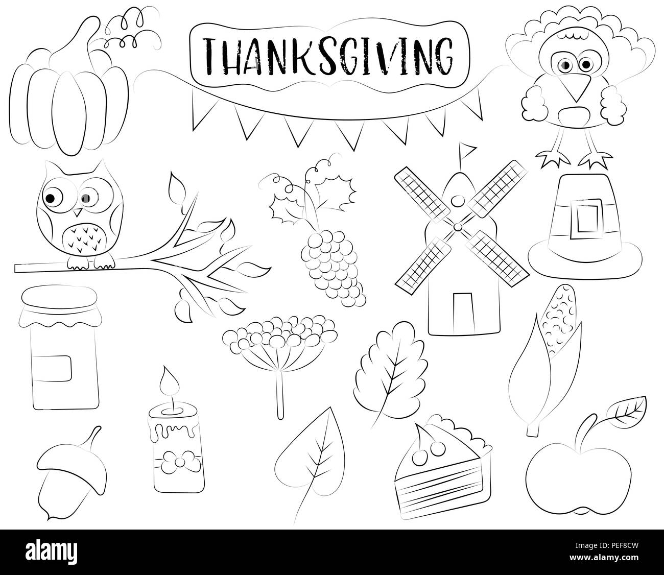 Thanksgiving holiday icon set. Autumn harvest design concept. Black and ...