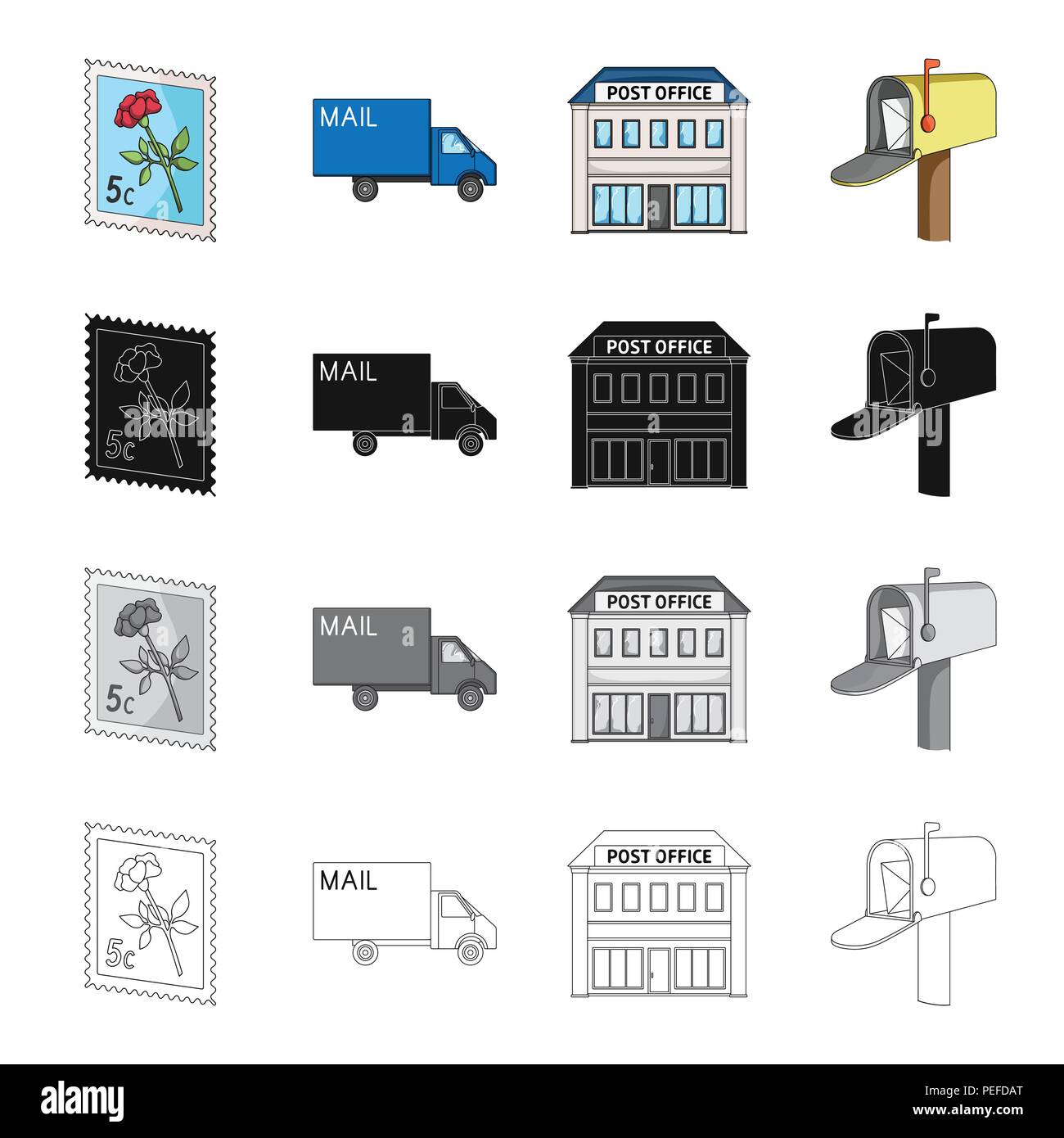 Postal, building, structure, and other icon in cartoon style.Envelope ...