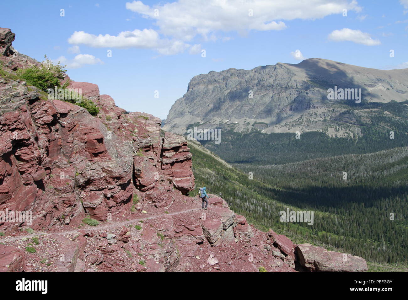 Woman hiking off of Triple Divide Pass, Glacier National Park, Montana ...