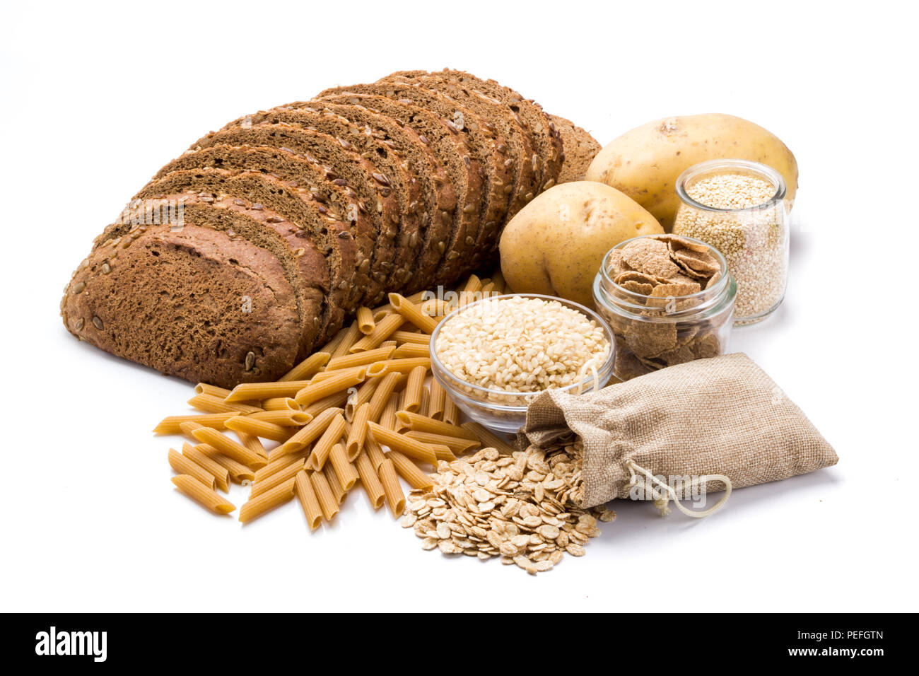 Group of whole foods, complex carbohydrates isolated on a white ...