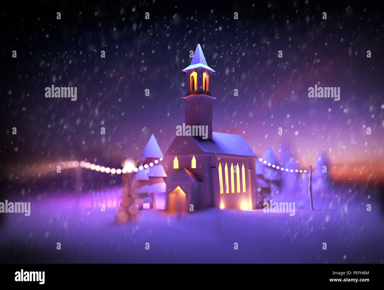 A Festive Church scene at Christmas with decorative lights and snowfall ...