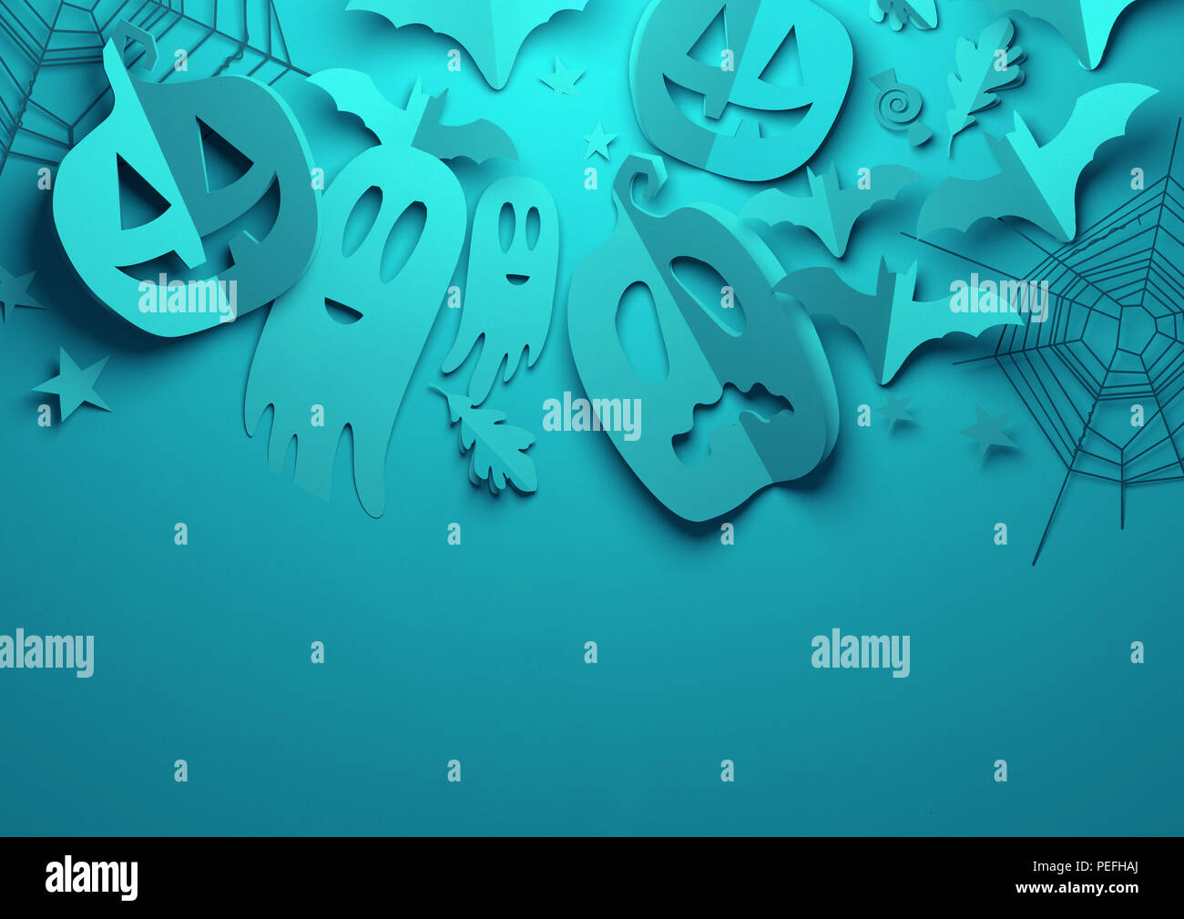 Folded Paper art origami. Cyan Halloween background with cut out ...