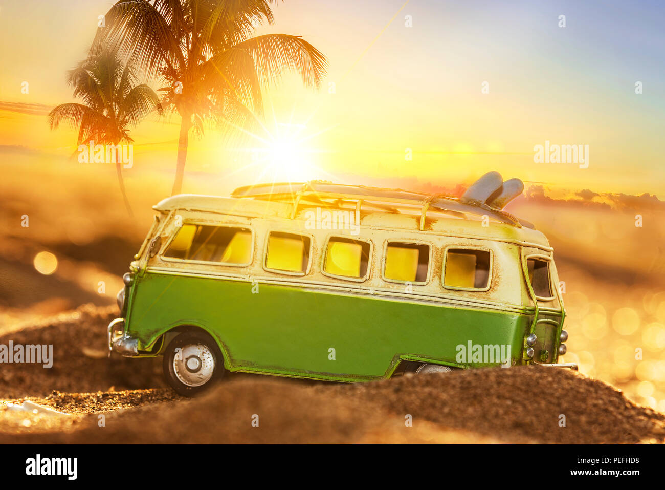 Cute retro car on a beach at beautiful sunset. Out of town Stock Photo ...
