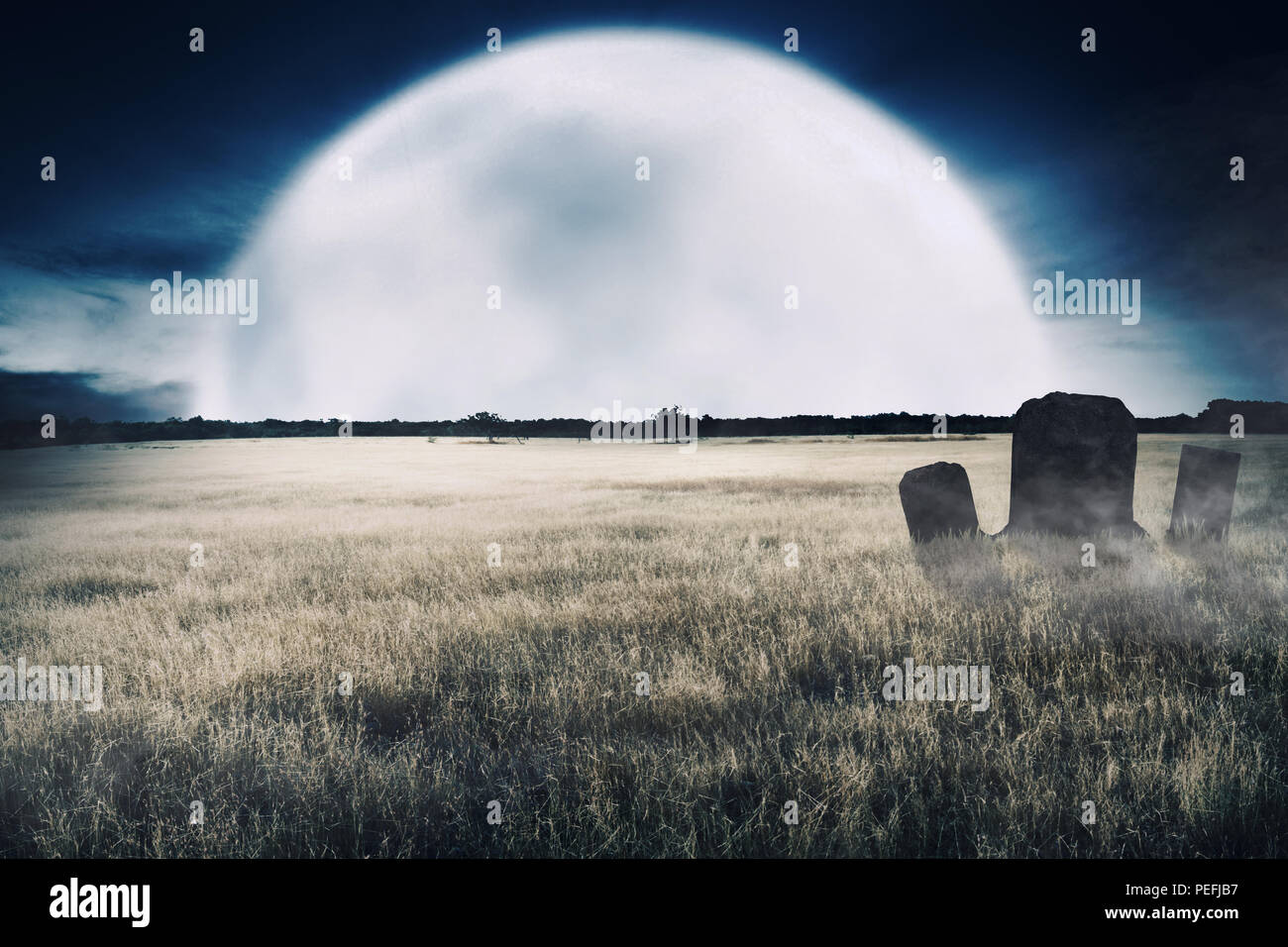 Creepy grass fields with graves and tombstone on the midnight ...
